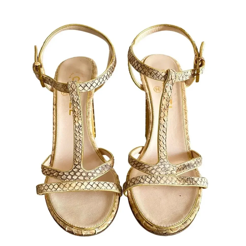 CHANEL | Shoes | Chanel Python Tstrap Sandals 395 Gold Studded Cc ...